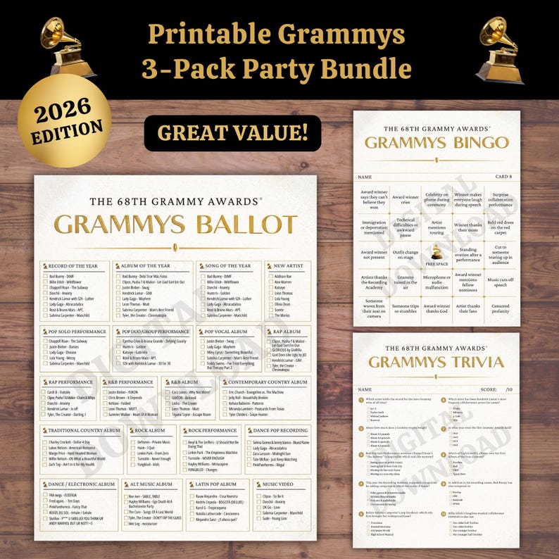 2026 Grammys Party Games Bundle – Ballot, Bingo, Trivia (PDF Printable ...