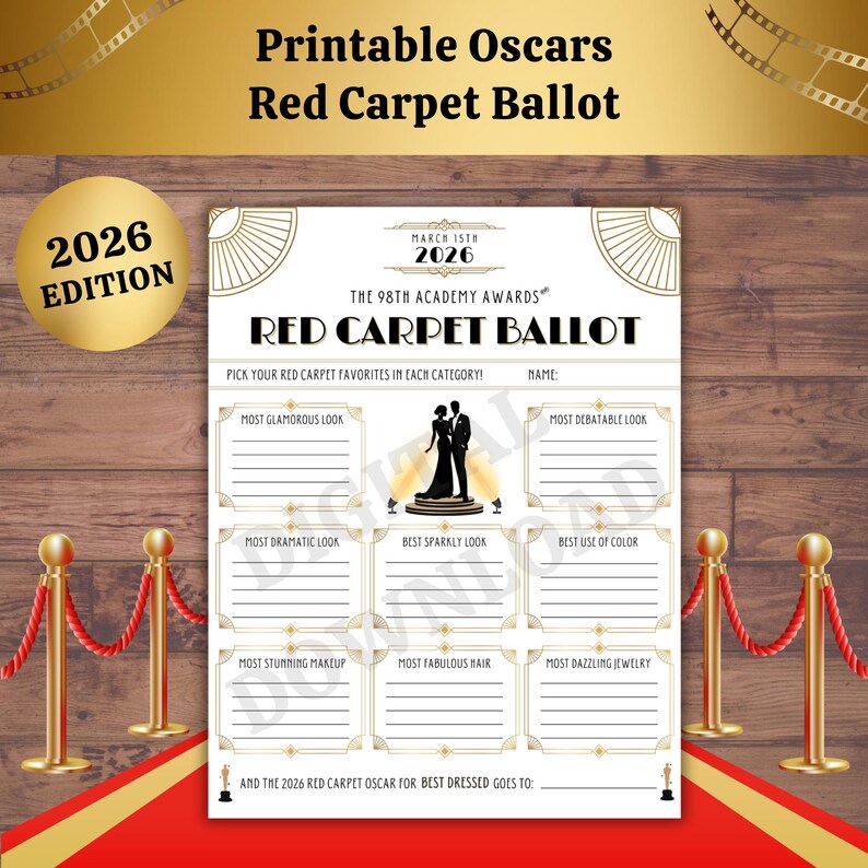 Oscars Red Carpet Ballot 2026: Academy Awards Party Game (printable PDF ...