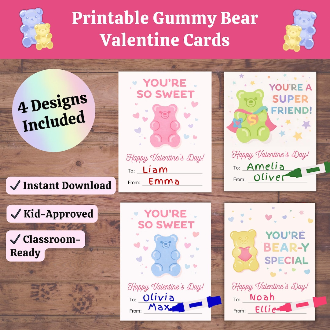 Gummy Bear Valentine Cards | Printable Classroom Valentines (instant ...