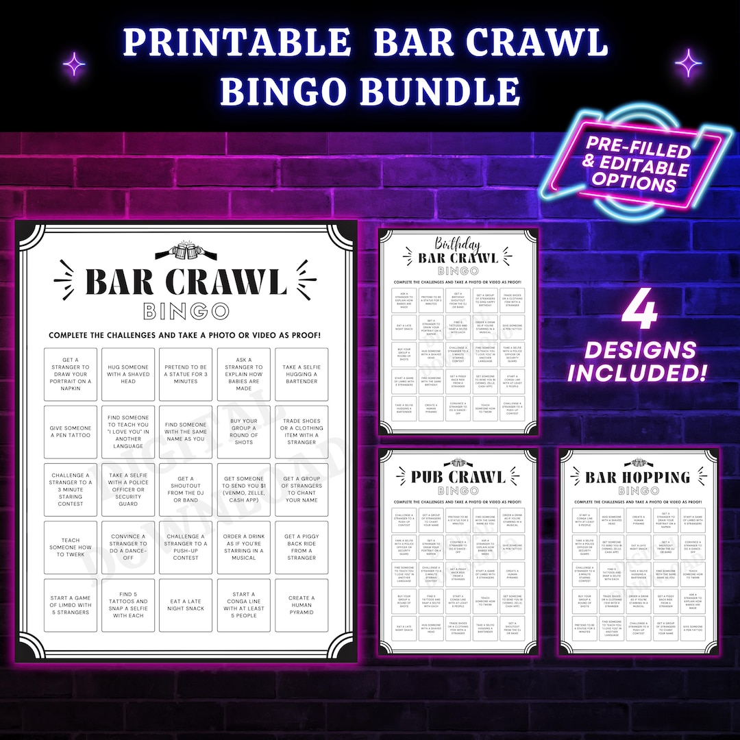 Bar Crawl Bingo Cards, Pub Crawl Night Party Game, Bachelorette and ...