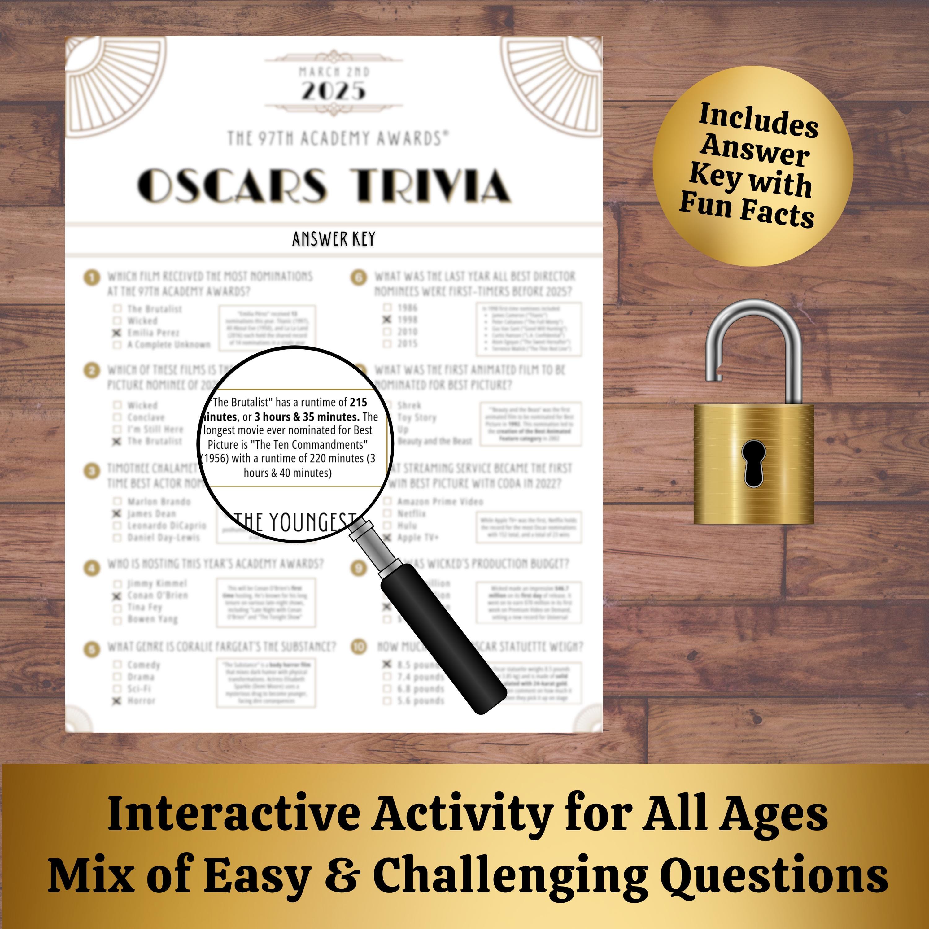 Oscars Trivia Game 2025: Printable Academy Awards Party Fun Facts ...