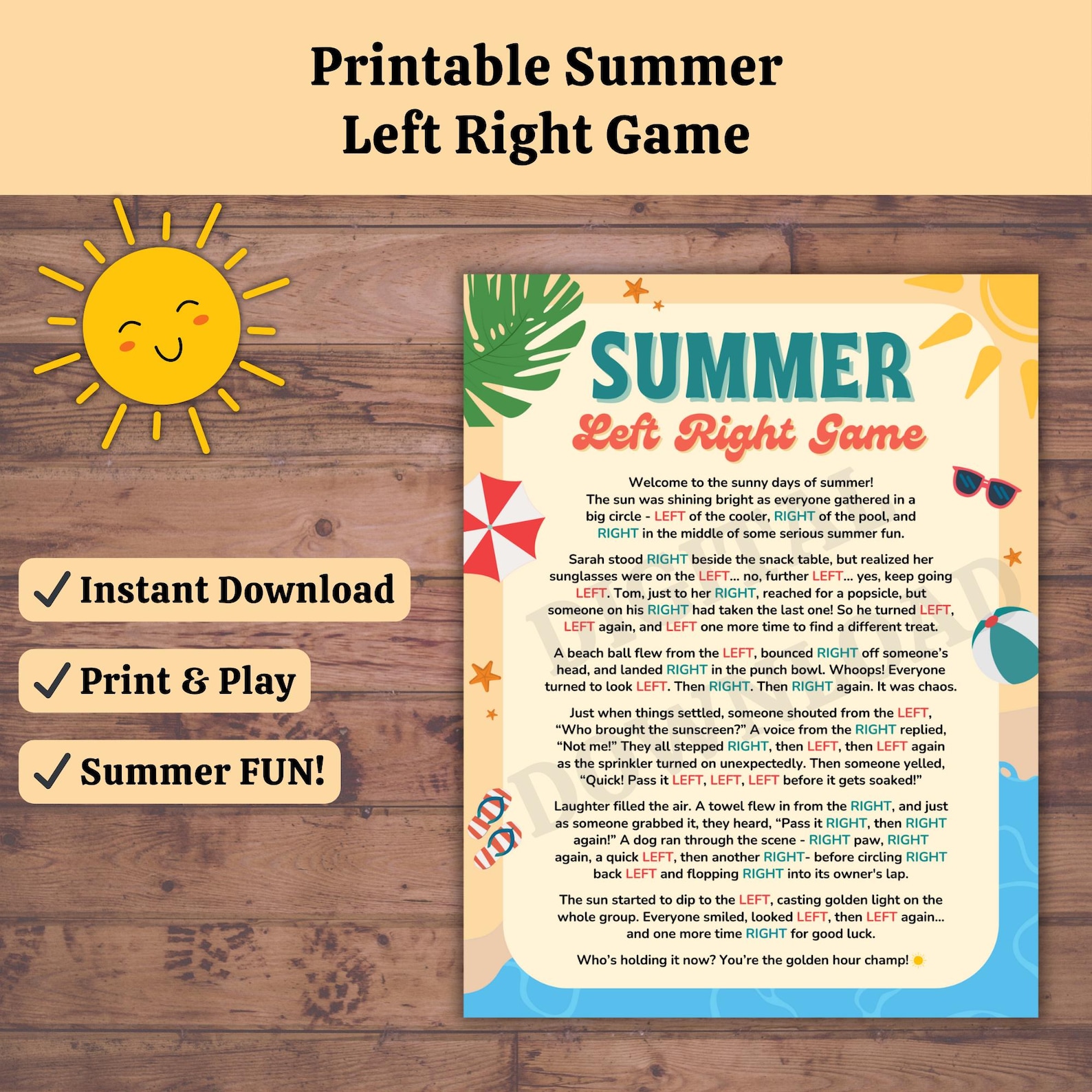 Summer Left Right Game Printable – Fun Pass the Prize Activity for Kids ...