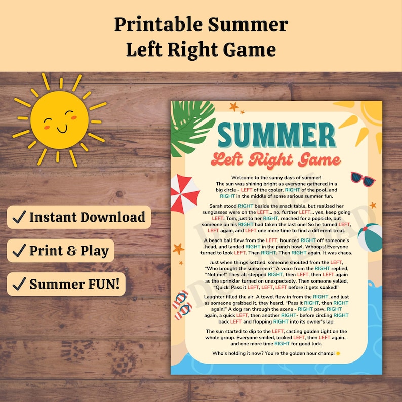 Summer Left Right Game Printable – Fun Pass the Prize Activity for Kids ...