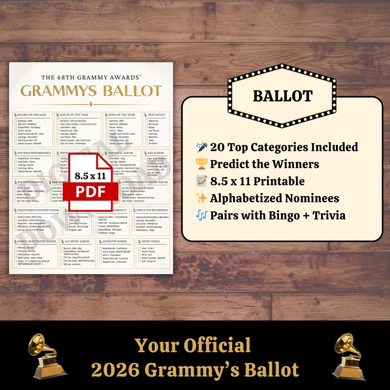 2026 Grammys Party Games Bundle – Ballot, Bingo, Trivia (PDF Printable ...