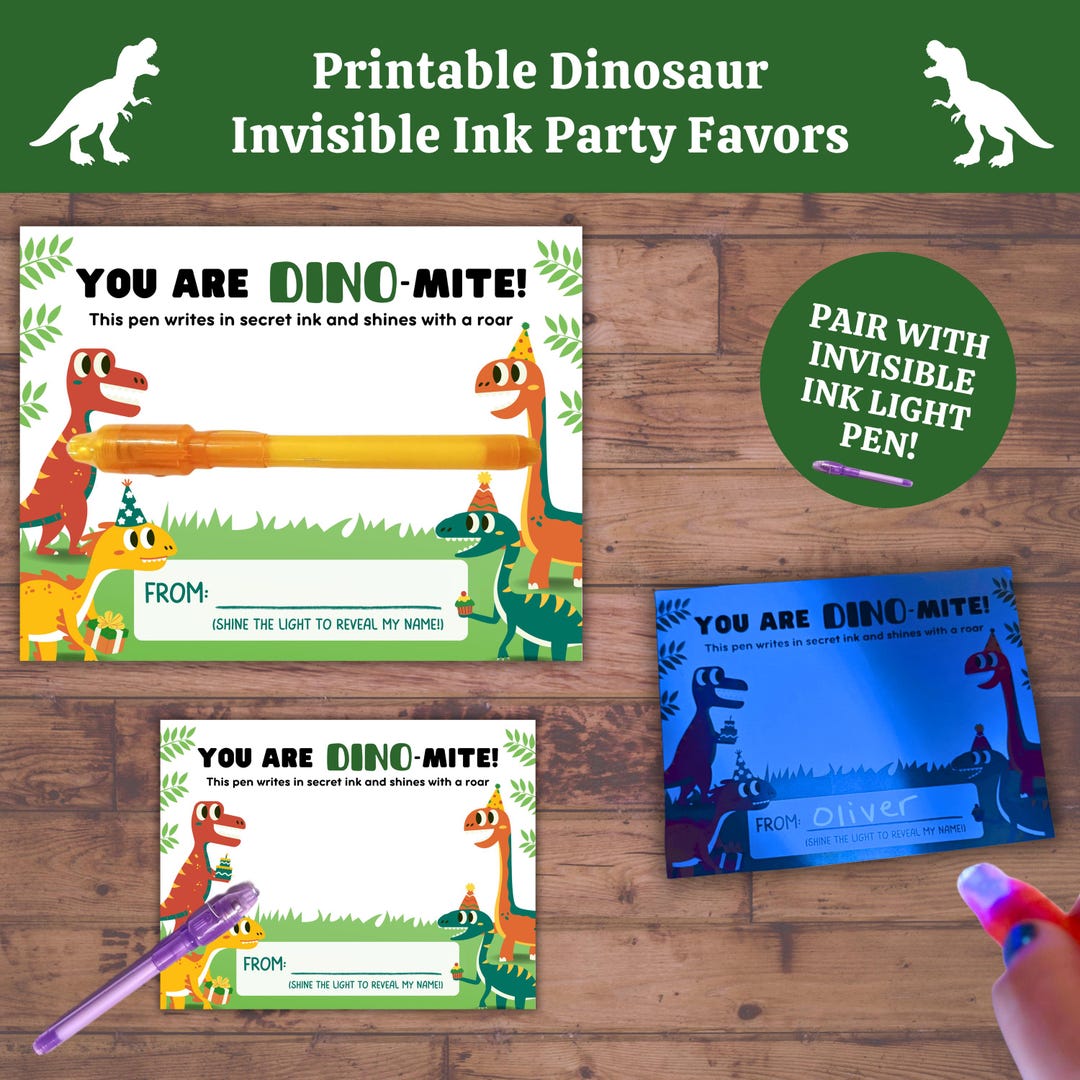Dinosaur Party Favor Cards: Invisible Ink Birthday Theme (printable PDF ...