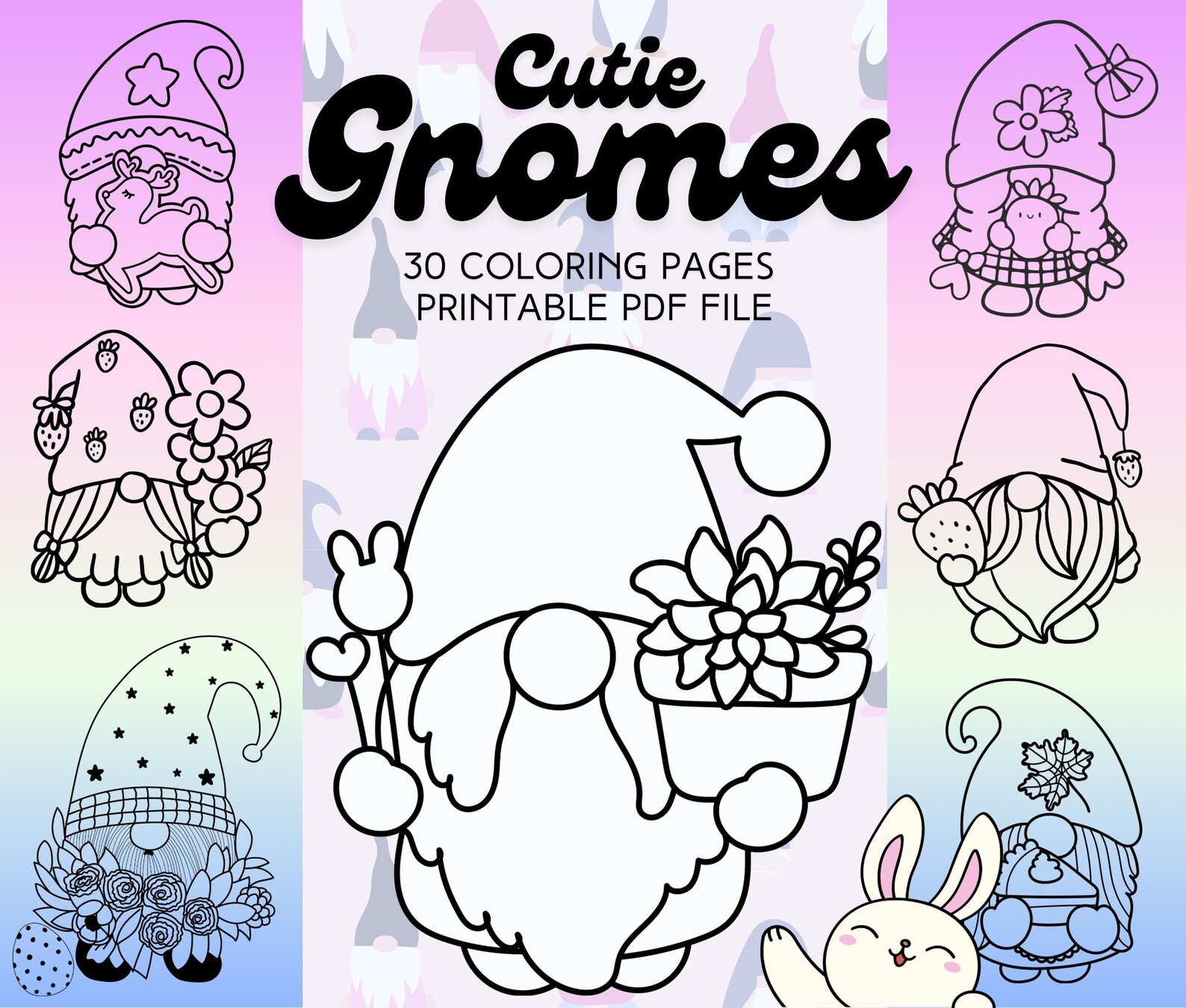 Cute Gnomes Coloring Pages PDF Printable for Adults and Kids 30 Gnome ...