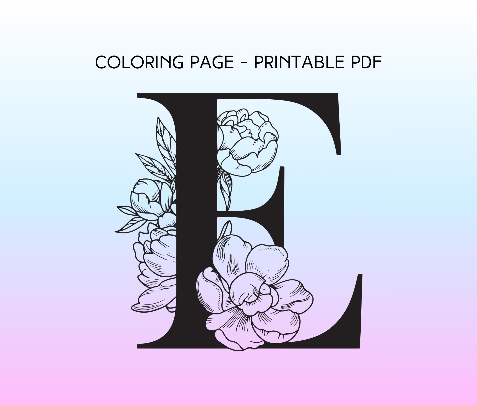 Letter E Coloring Page for Kids | Printable PDF | E Floral Monogram ...