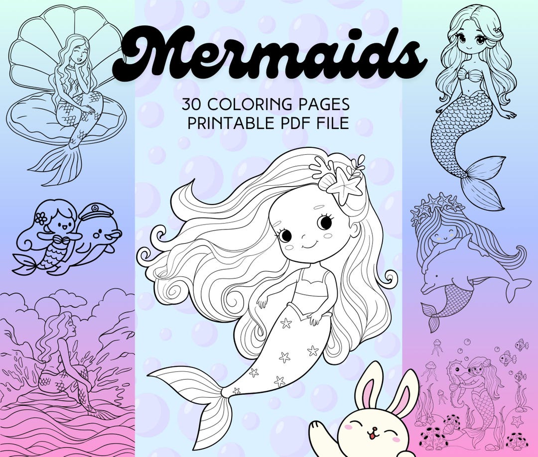 Mermaid Coloring Pages PDF Printable for Kids and Adults 30 Mermaids ...