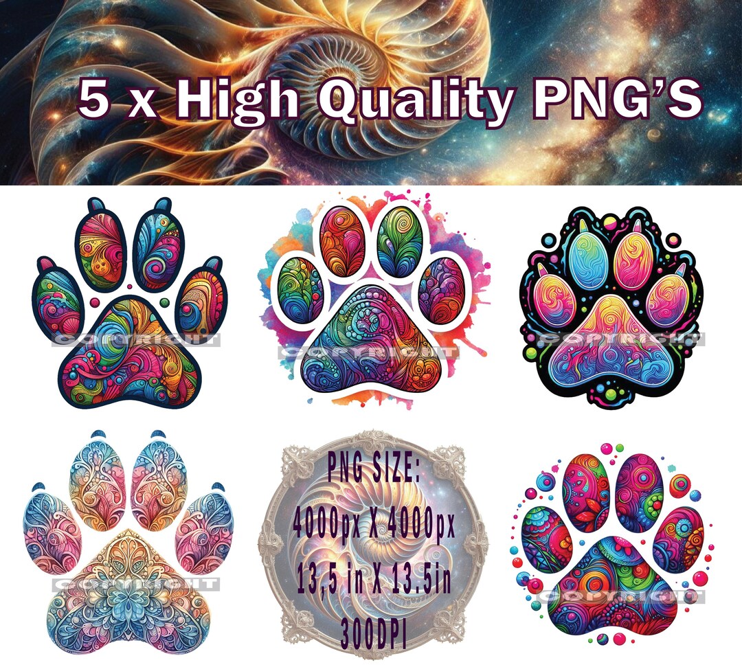 Bright Paw Print PNG X 5, Paw Print Sublimation, Paw Print T-shirt ...