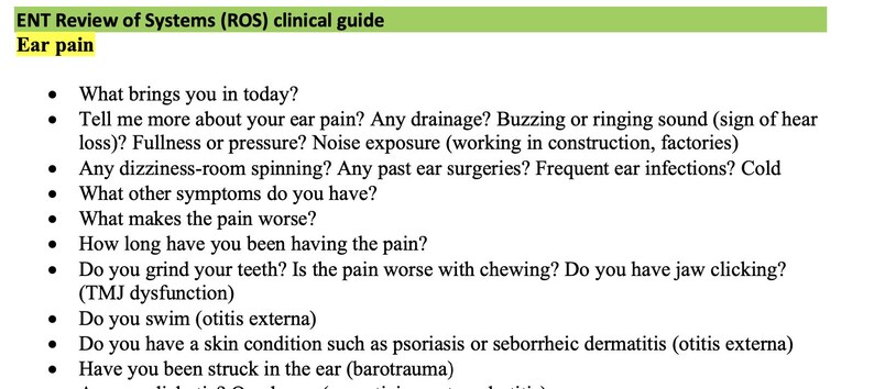 ENT Review of System (ROS) Clinical Guide for NP Students - Etsy