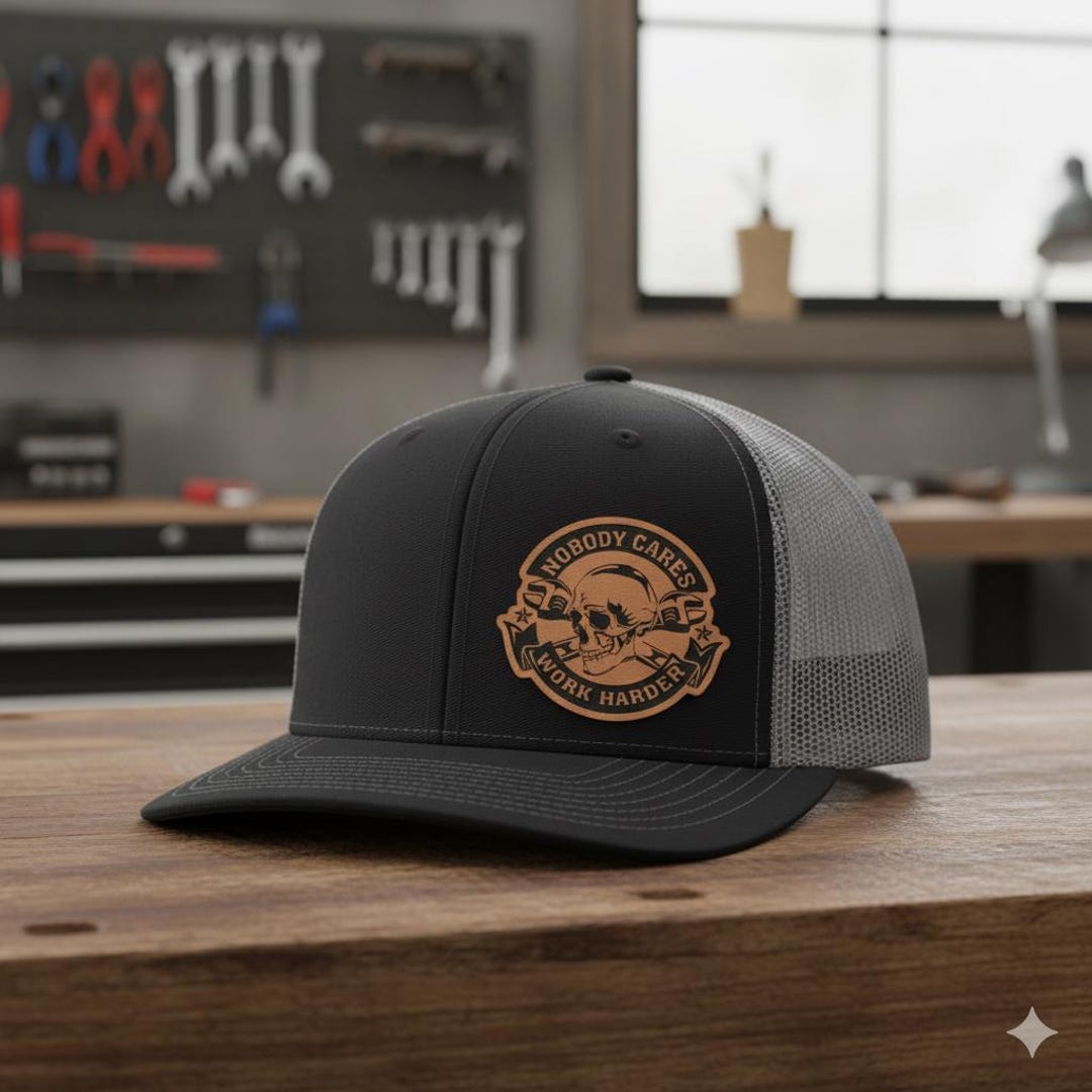 Nobody Cares Work Harder Trucker Hat, Richardson 112 Leather Patch Hat ...
