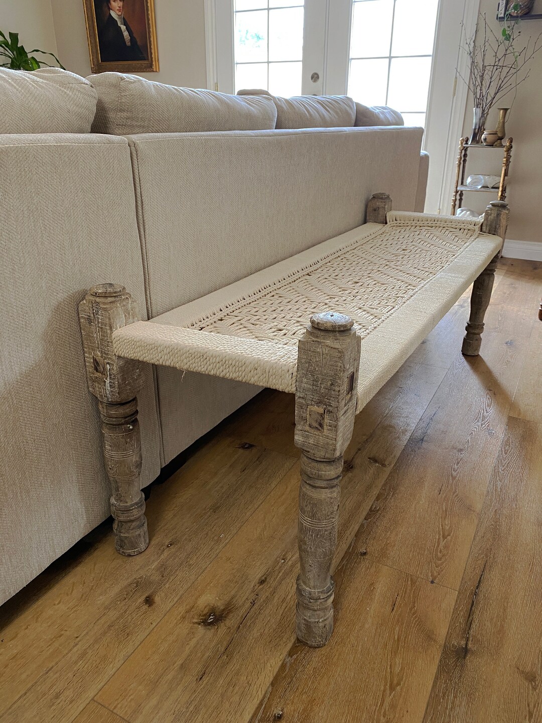 Antique Teakwood Bench: Woven Fiber Rope, Coastal Rustic Style (LOCAL ...