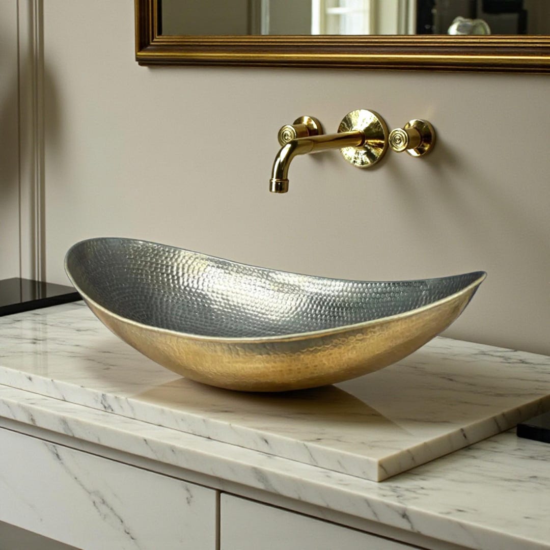 Hammered Brass Oval Vessel Sink With Drain– Gold Bathroom Basin for ...