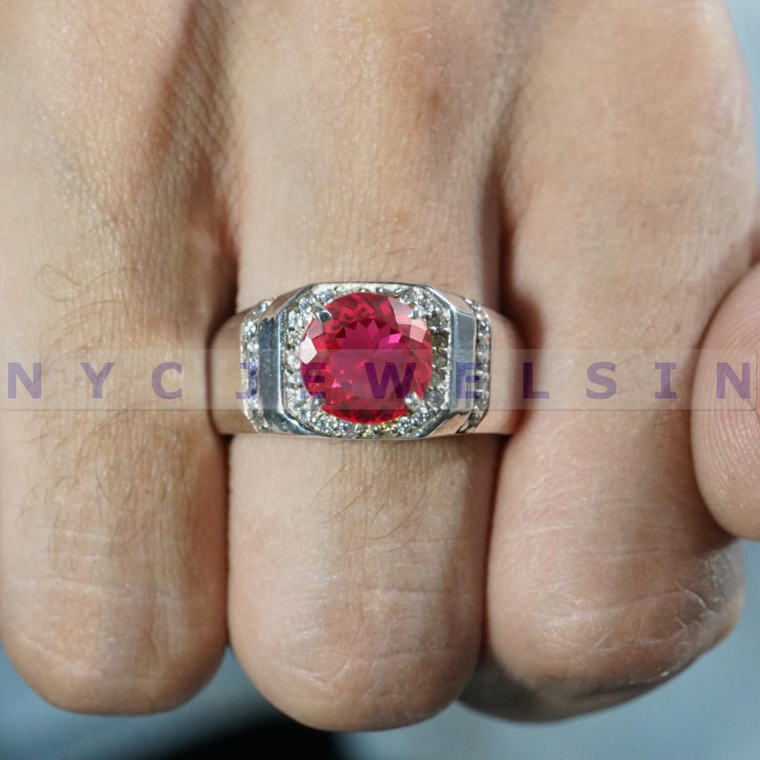 Mens Ruby Ring, Round Cut Red Stone, Square Halo Signet, Diamond Accent ...