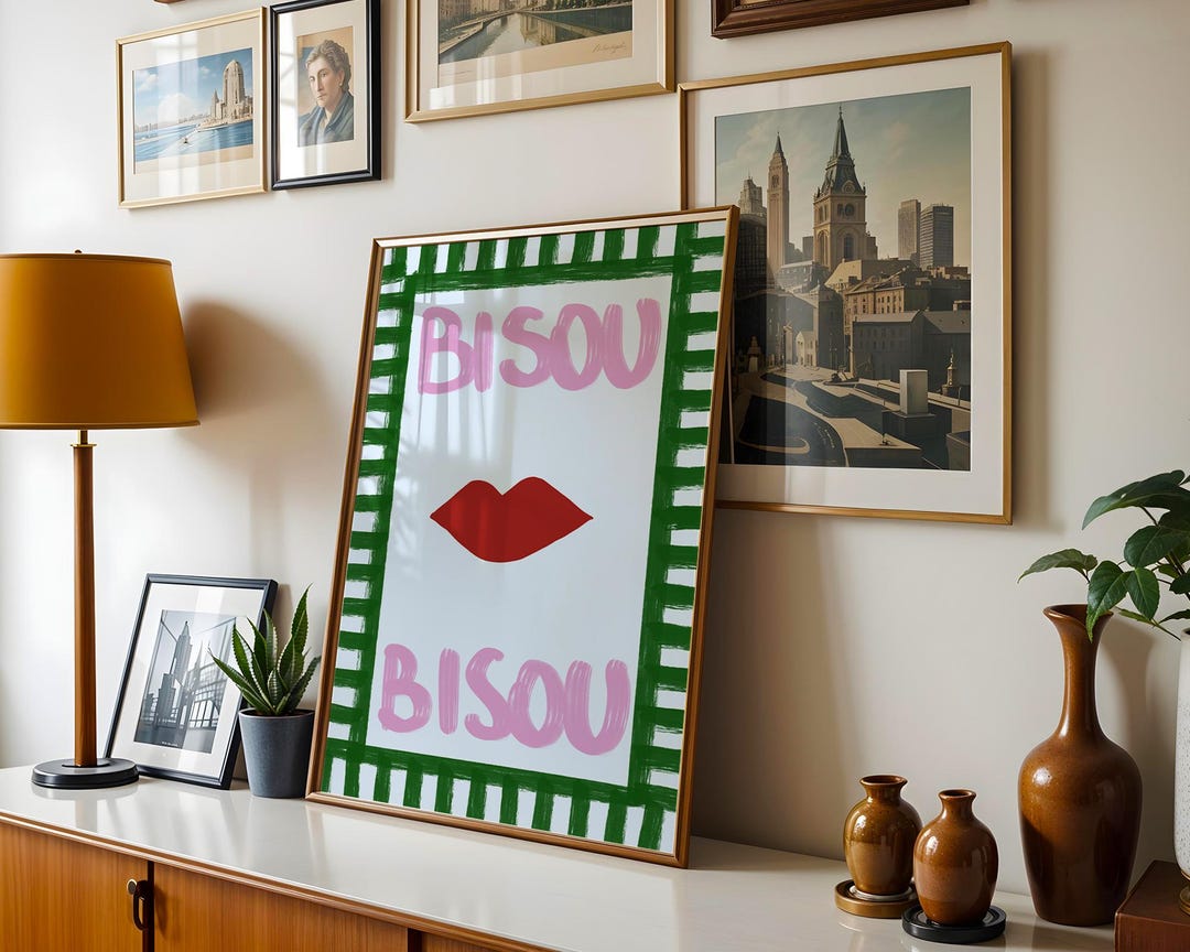 Bisou Bisou Romantic Minimalist Poster – Modern Giclée Art Print for Bedroom, Living Room & Home ...