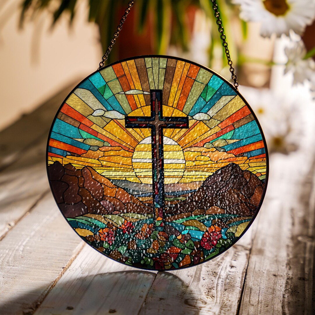 Christian Cross Suncatcher, Sunset Suncatcher,stained Glass Cross ...
