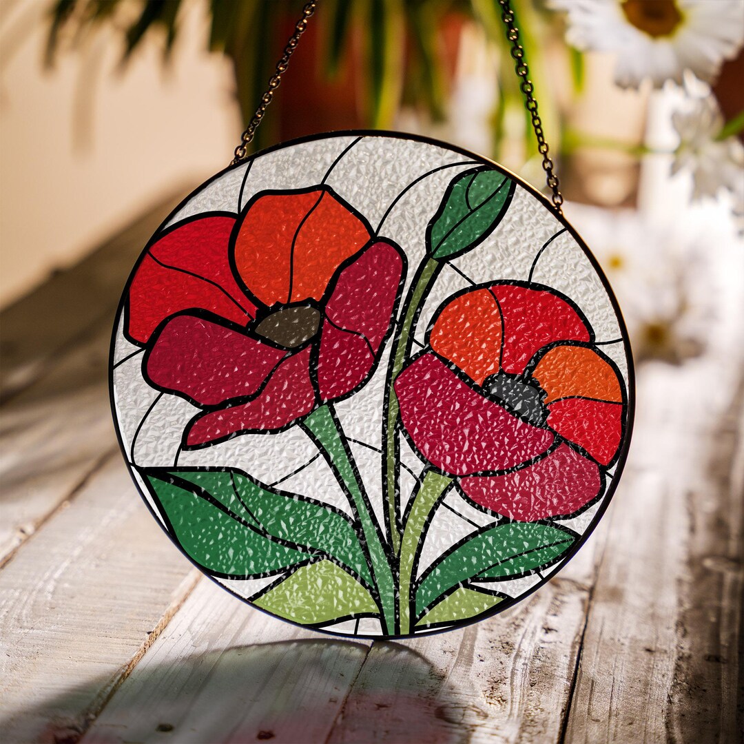 Poppy Flower Suncatcher, Poppy Stained Glass, Stained Glass Suncatcher ...