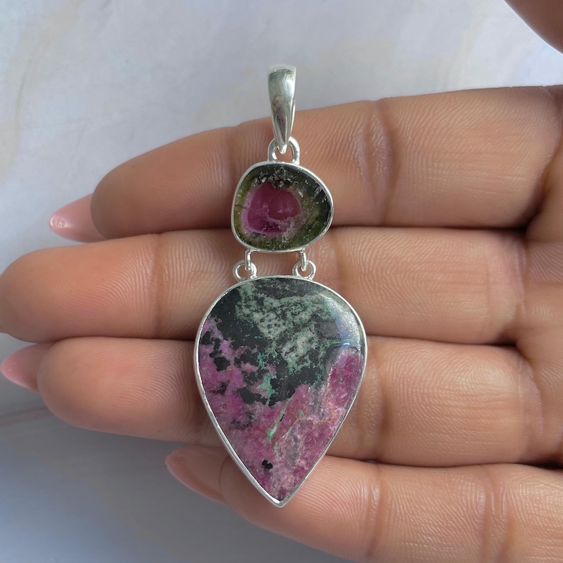 Cobalt Calcite, Watermelon Tourmaline Pendant / 925 Sterling Silver ...