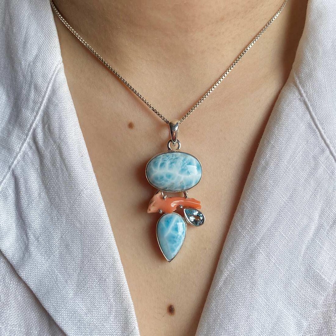 Larimar, Blue Topaz, Red Coral Pendant / Sterling Silver Pendant ...