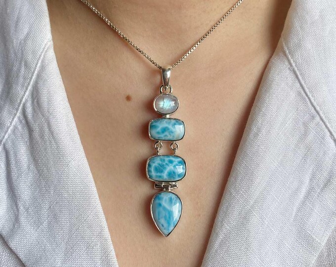 Larimar, Moonstone Pendant / 925 Sterling Silver Pendant / Healing Gemstone / Gifts for Her ...