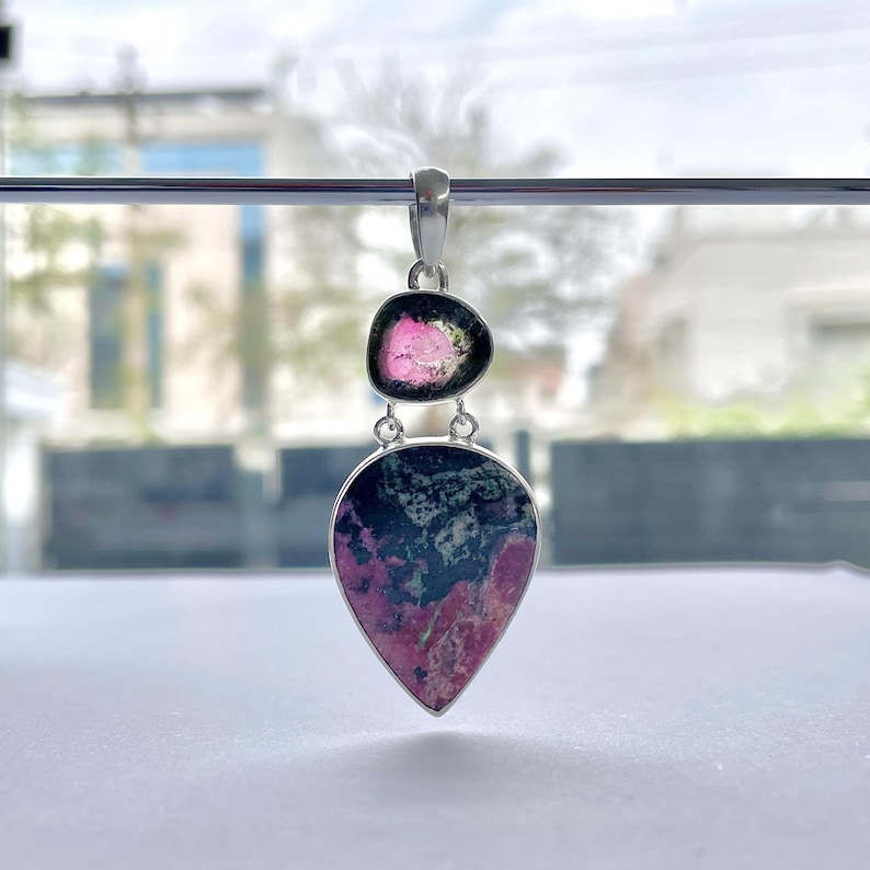 Cobalt Calcite, Watermelon Tourmaline Pendant / 925 Sterling Silver ...
