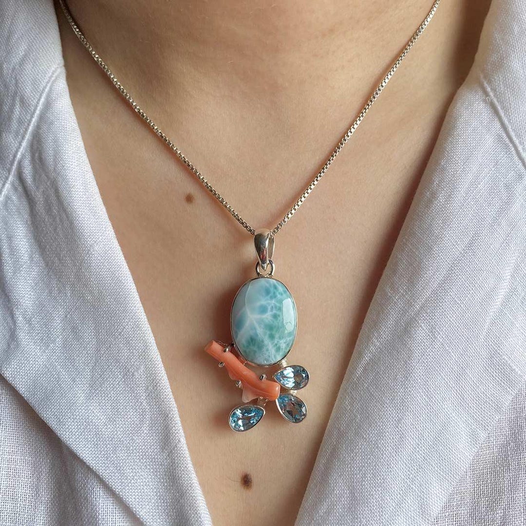 Larimar, Blue Topaz, Red Coral Pendant / 925 Sterling Silver Pendant ...