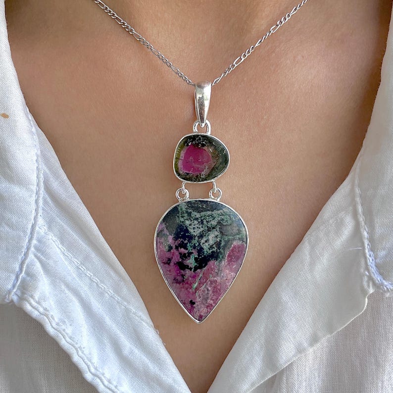 Cobalt Calcite, Watermelon Tourmaline Pendant / 925 Sterling Silver ...