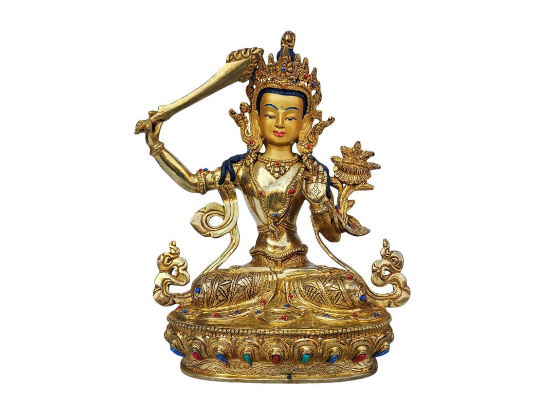 Handmade Gold Plated Manjushri Statue: Stone Setting, Painted Face - Etsy
