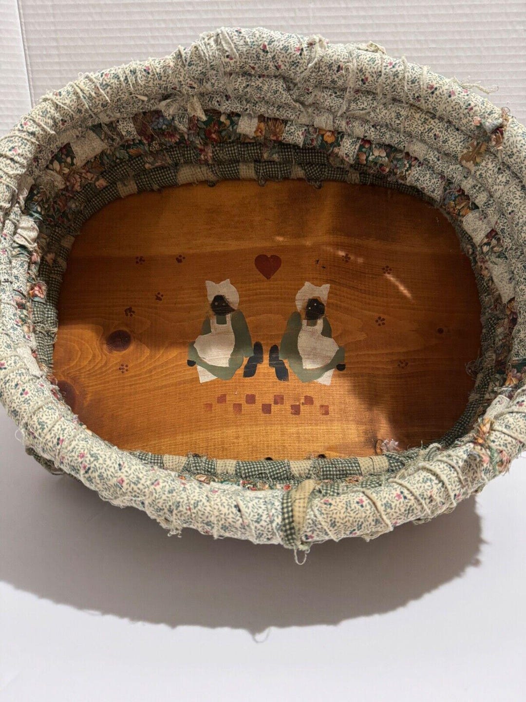 Vintage Rag Rolled Basket With Wood Bottom Green 16 X 12 X 5.5 Handmade ...