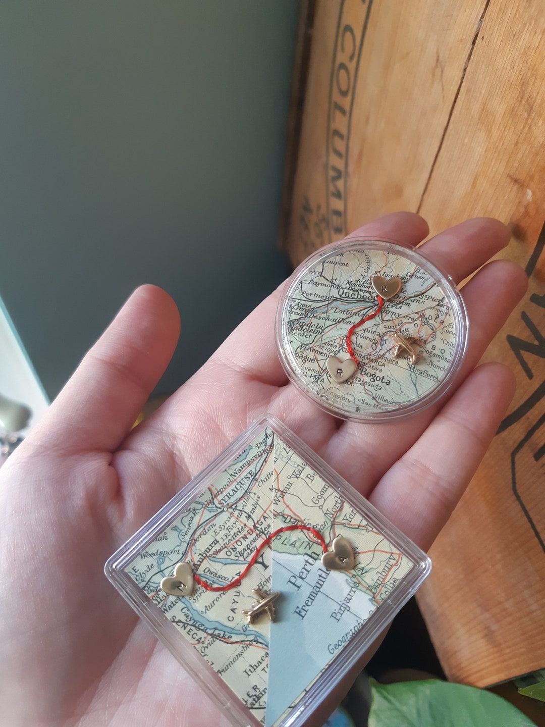 Custom Map Pocket Hug: Long Distance Gift, Brass Heart & Red String - Etsy