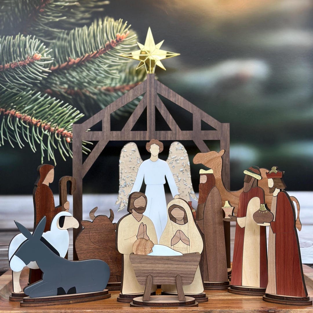 Hand Pieced Wood Block Nativity Set, Rustic Wooden Christmas Nativity ...