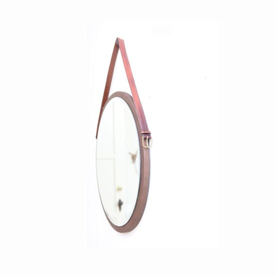Brown 24" Round Mirror Belt Mirror. Mid-century Modern Mirror. Danish ...