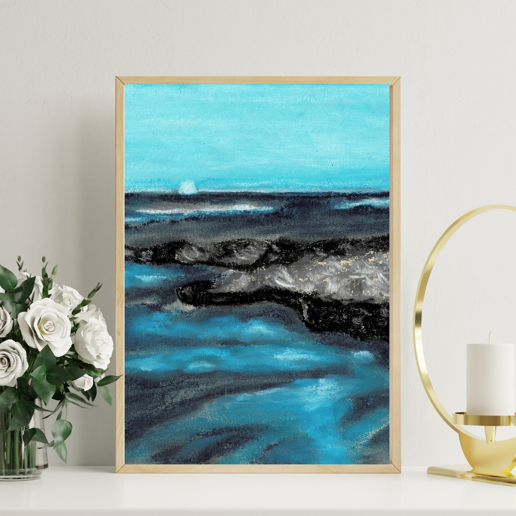 Chalk Pastel Ocean Abstract Ocean Art Print, Modern Turquoise Aqua Blue ...