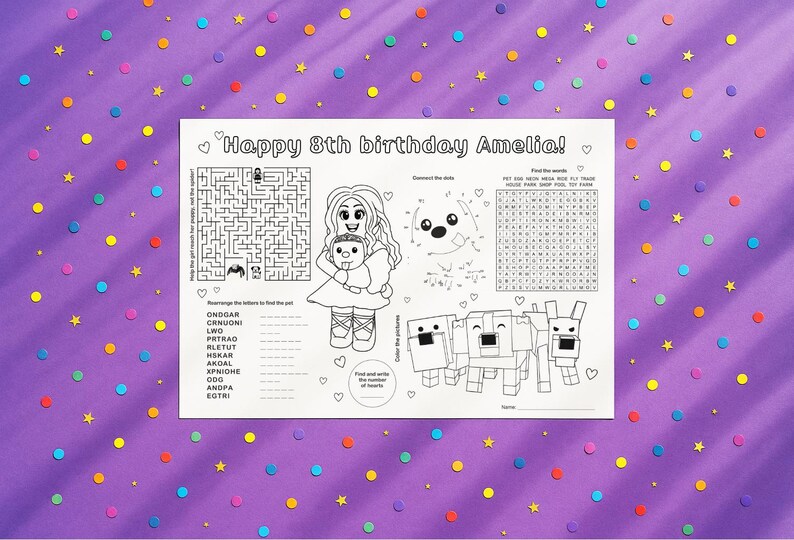 Birthday Activity Sheet: Personalized Kids Party Game (canva Template ...