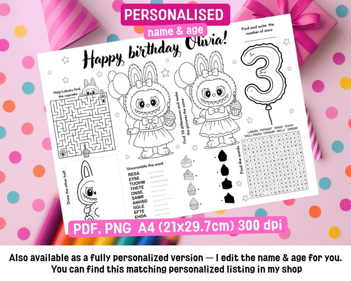 Canva Editable Birthday Activity Sheet Personalized Coloring Placemat ...