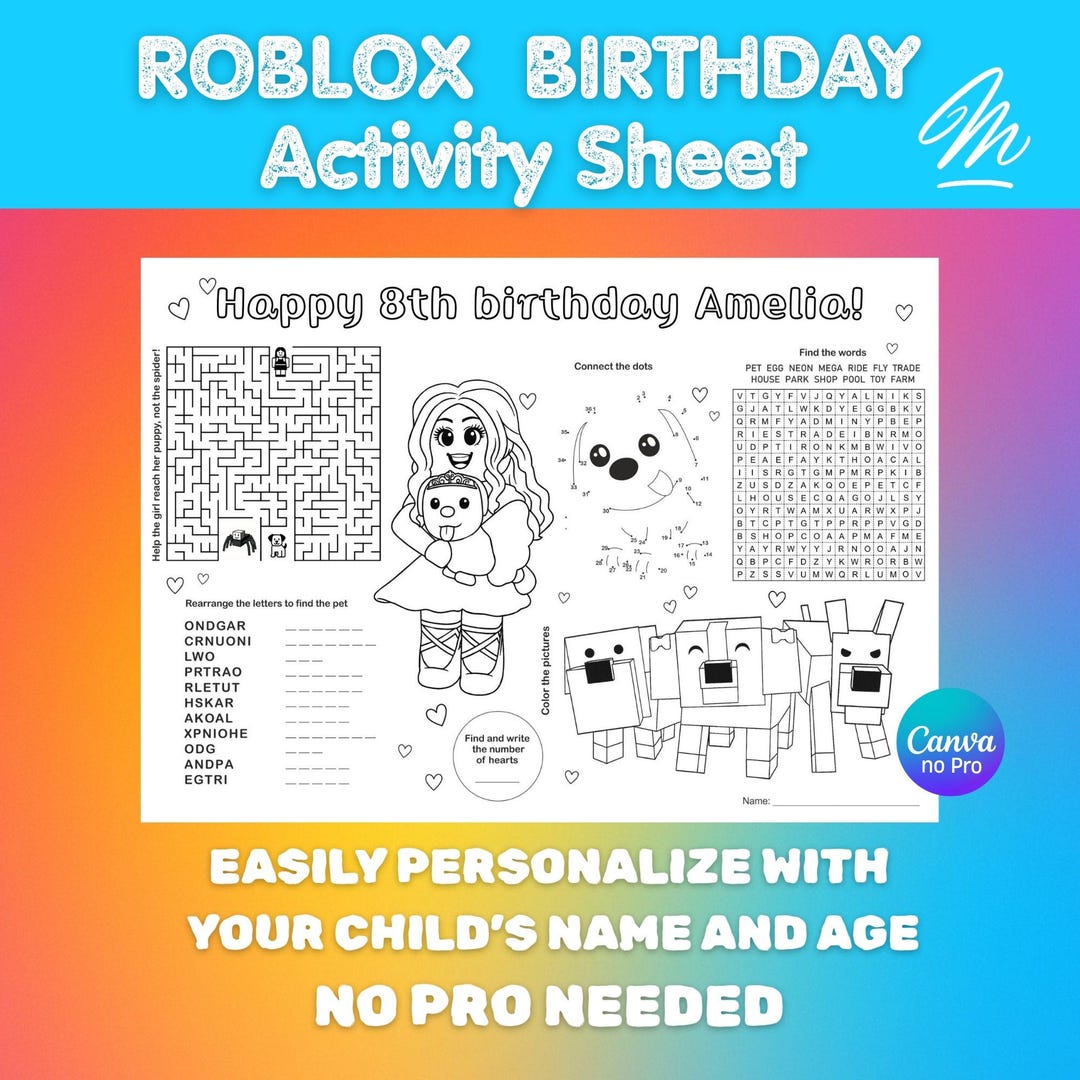 Birthday Activity Sheet: Personalized Kids Party Game (canva Template ...