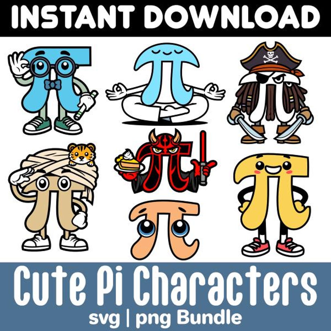 Cute Pi Characters PNG SVG Bundle of 23, Clipart, Craft, Pi Day, Gifts ...