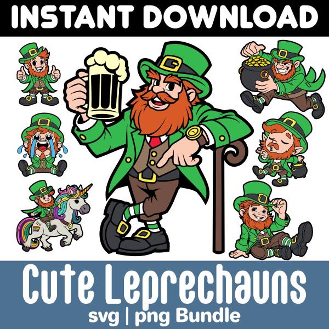 Cute Leprechaun SVG PNG, Bundle of 50, Colored, Outlined, Clipart, St ...