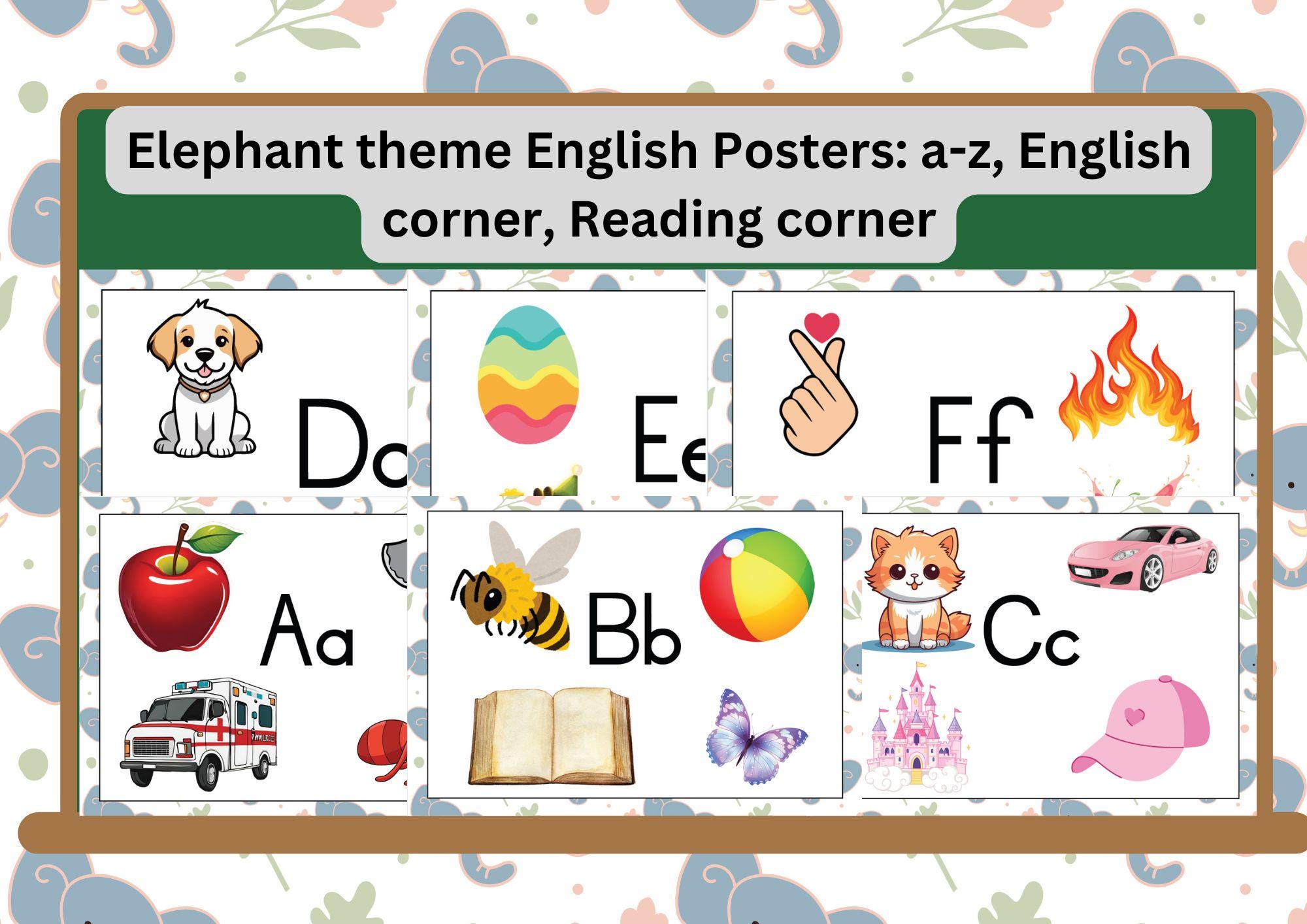 Elephant Theme English Posters: Alphabet a - Z, English Corner, Reading ...