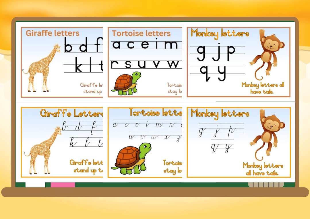 Giraffe, Monkey, Tortoise Letters, Print and Cursive Classroom Posters ...