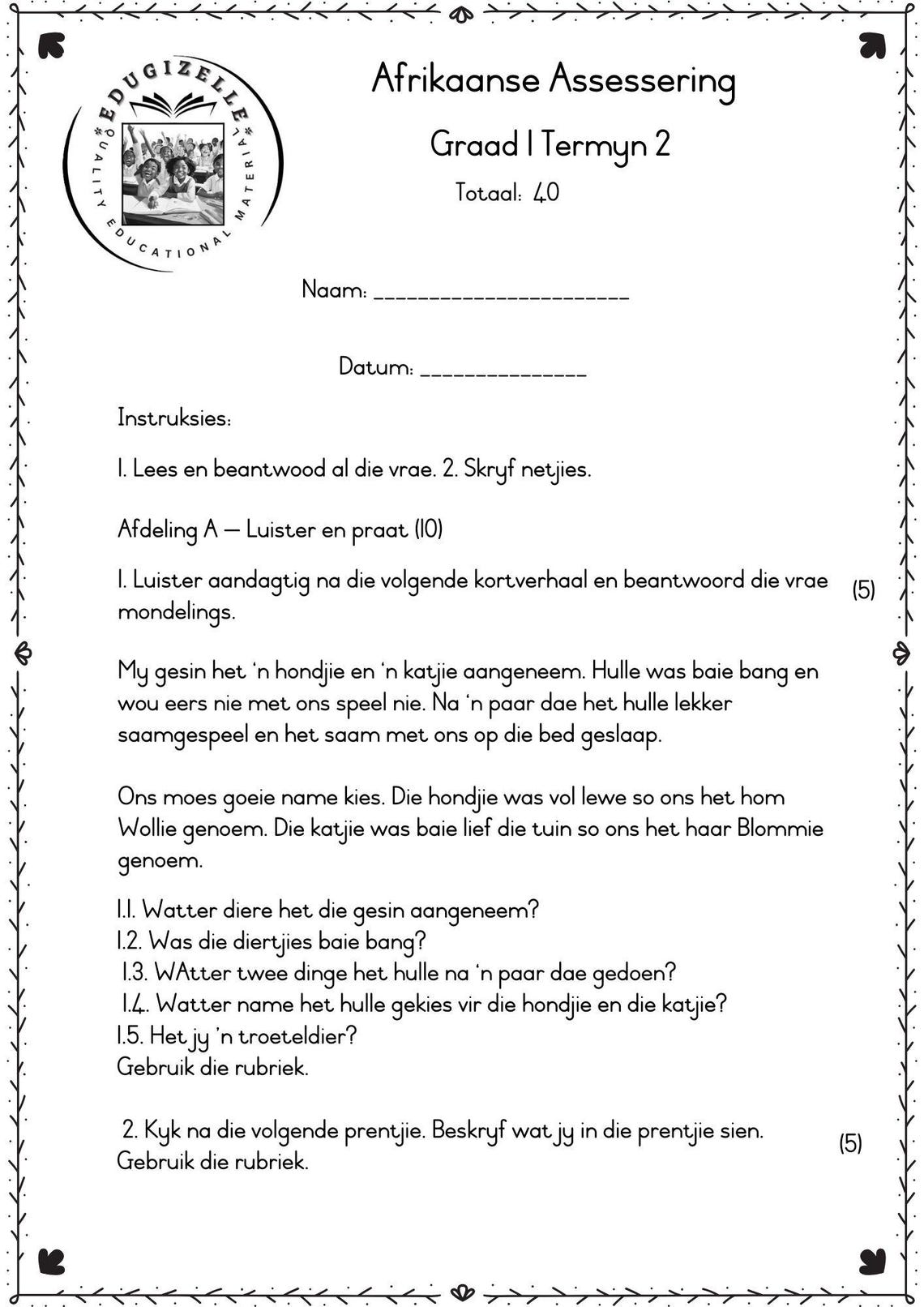 Grade 1 Term 2 Afrikaans Assessment and Memo Covering All Learning ...