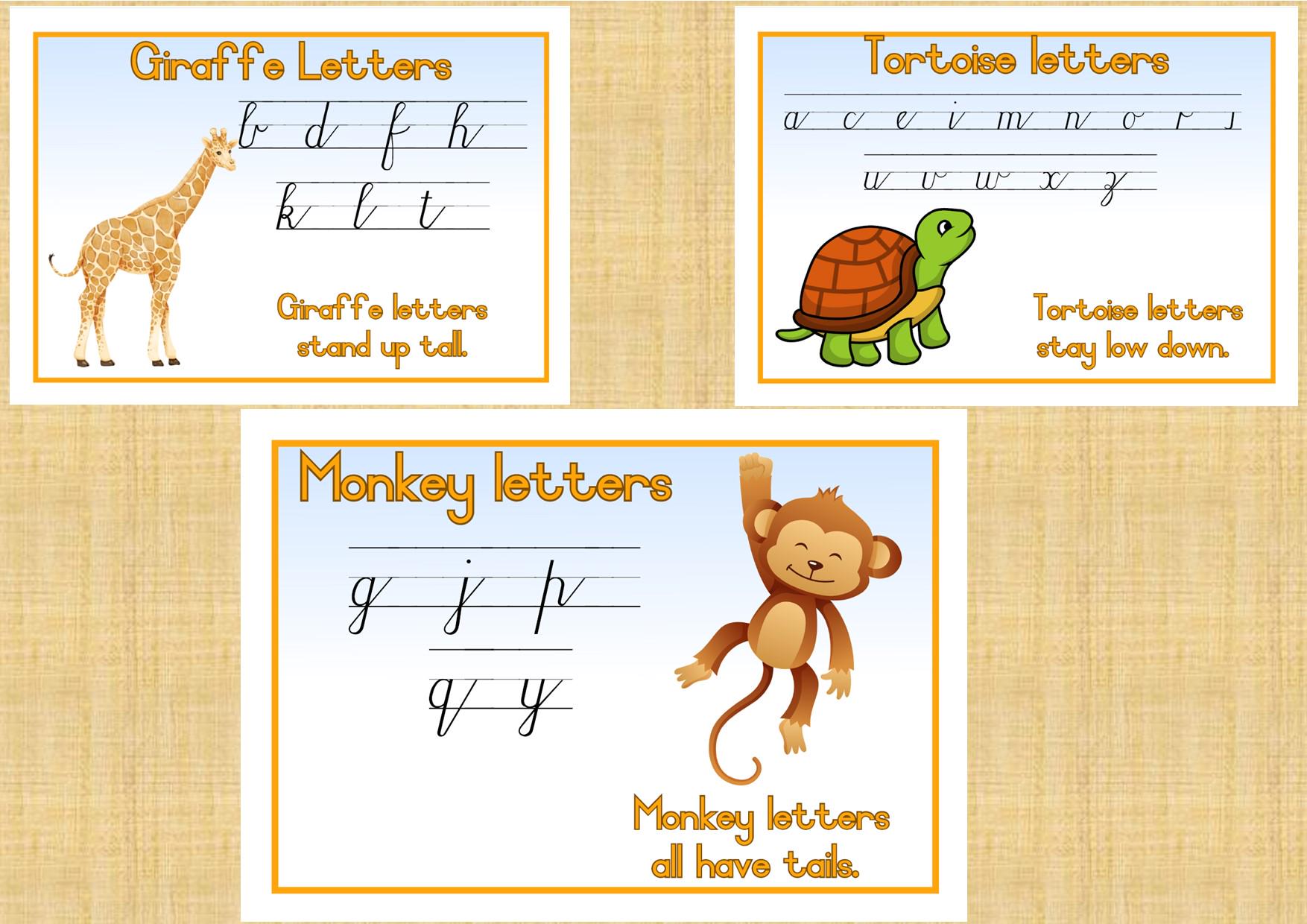 Giraffe, Monkey, Tortoise Letters, Print and Cursive Classroom Posters ...