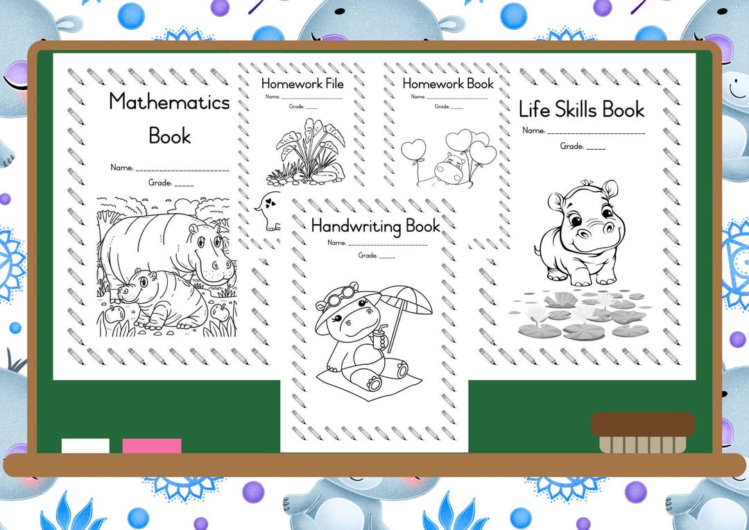 Hippo Theme Classwork Book Covers: English, Afrikaans, Mathematics ...