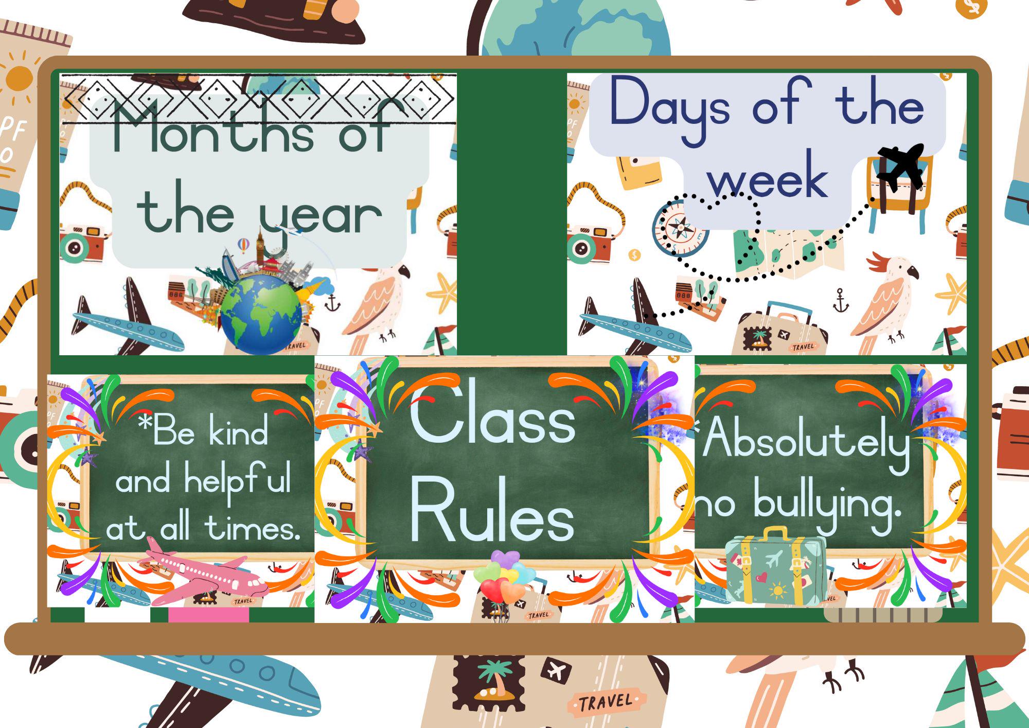 Travel Theme Classroom Posters: Duties, Rules, Months, Days, Birthday ...