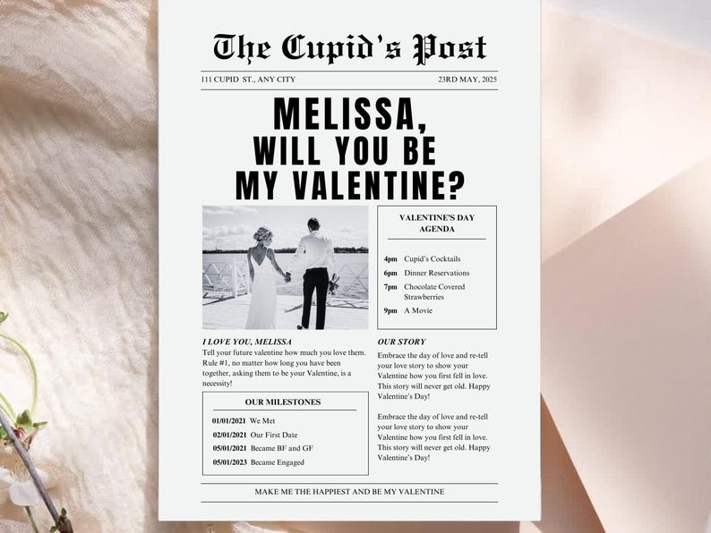 Cupid's Post Newspaper Template Will You Be My Valentine Editable ...