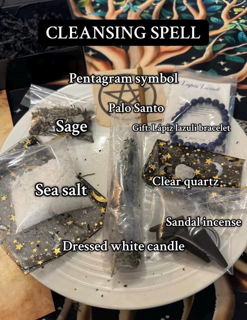 Cleansing Spell Kit With Sage, Palo Santo, Lapis Lazuli Bracelet, Clear ...