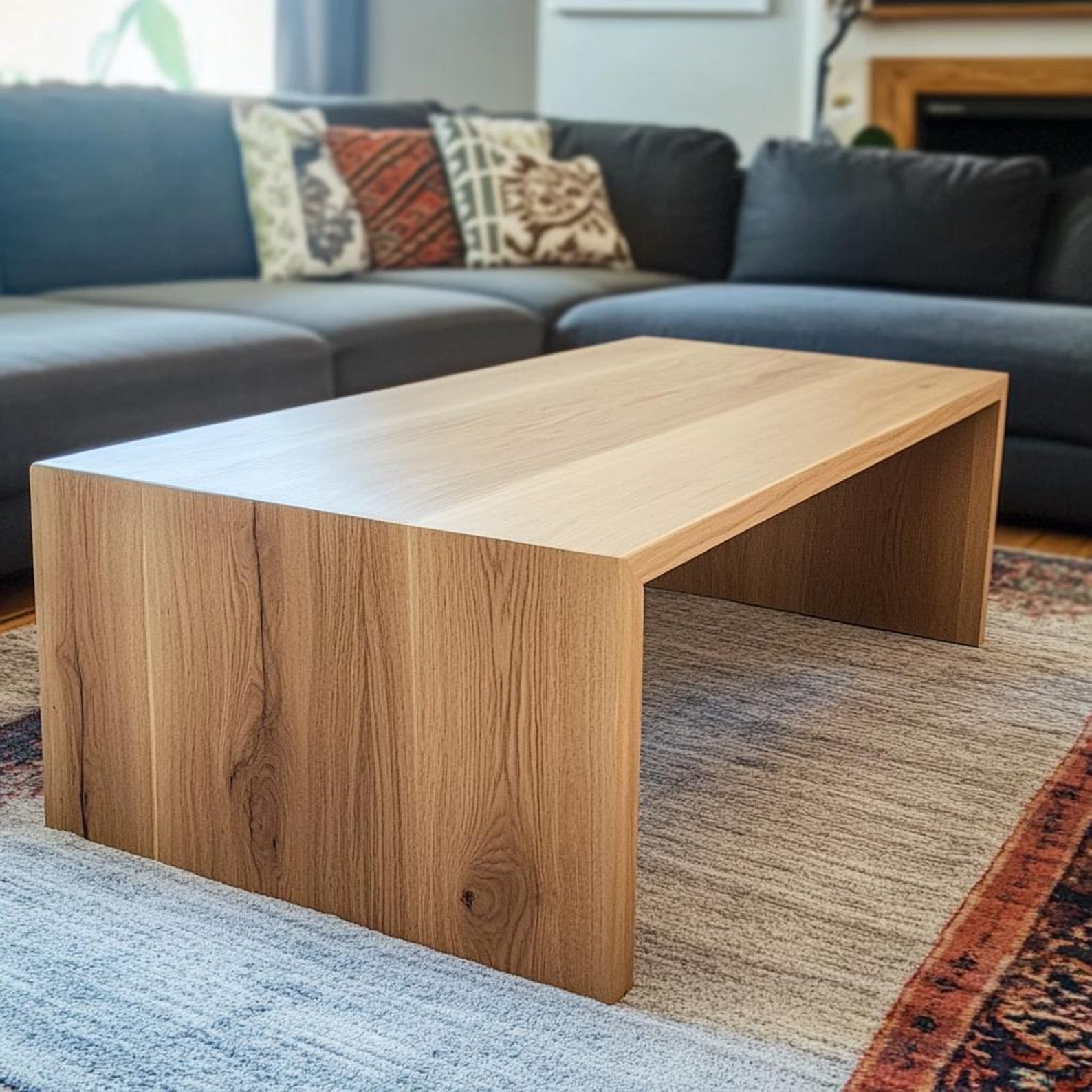 Modern White Oak Waterfall Custom Coffee Table , Solid Wood Large Table ...