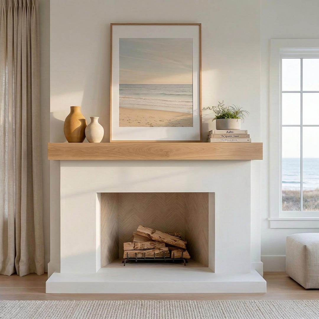 Custom Solid White Oak Mantel, Floating Mantelpiece, Wooden Fireplace ...