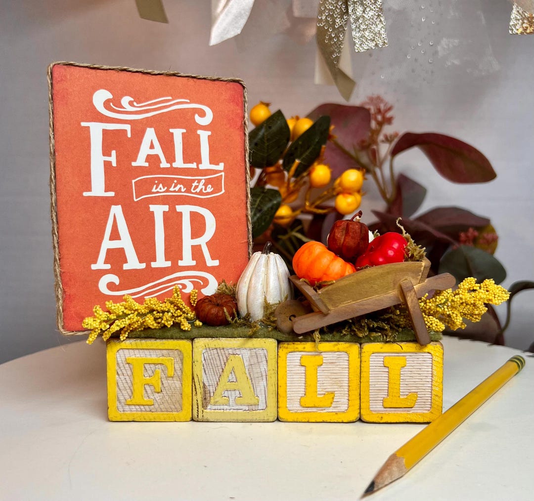 Vintage Fall Alphabet Block Decor: Wooden Wheelbarrow, Pumpkins ...