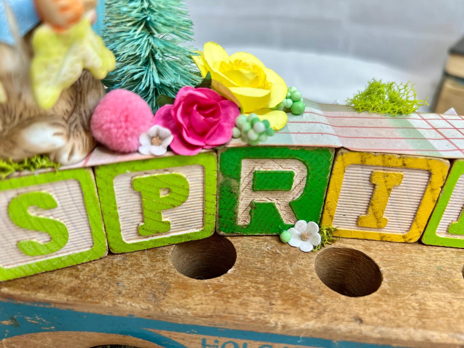 Vintage Spring Centerpiece. Alphabet Blocks Decorated With Porcelain ...